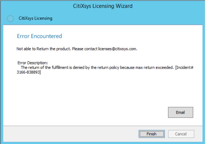 Error message while returning the license. Error message while returning the license.